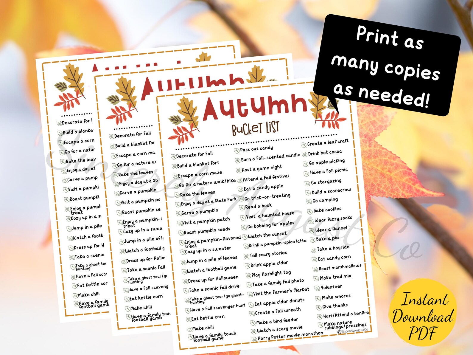 FALL BUCKET LIST Printable List of Autumn Activities Fall Season Ideas ...