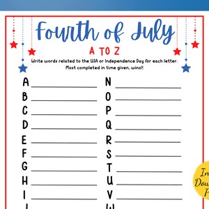 Fourth of July A TO Z Game July 4th Party Game Printable July 4th Party ...