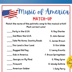 Fourth of July MUSIC OF AMERICA Matching Game - July 4th Party Game ...