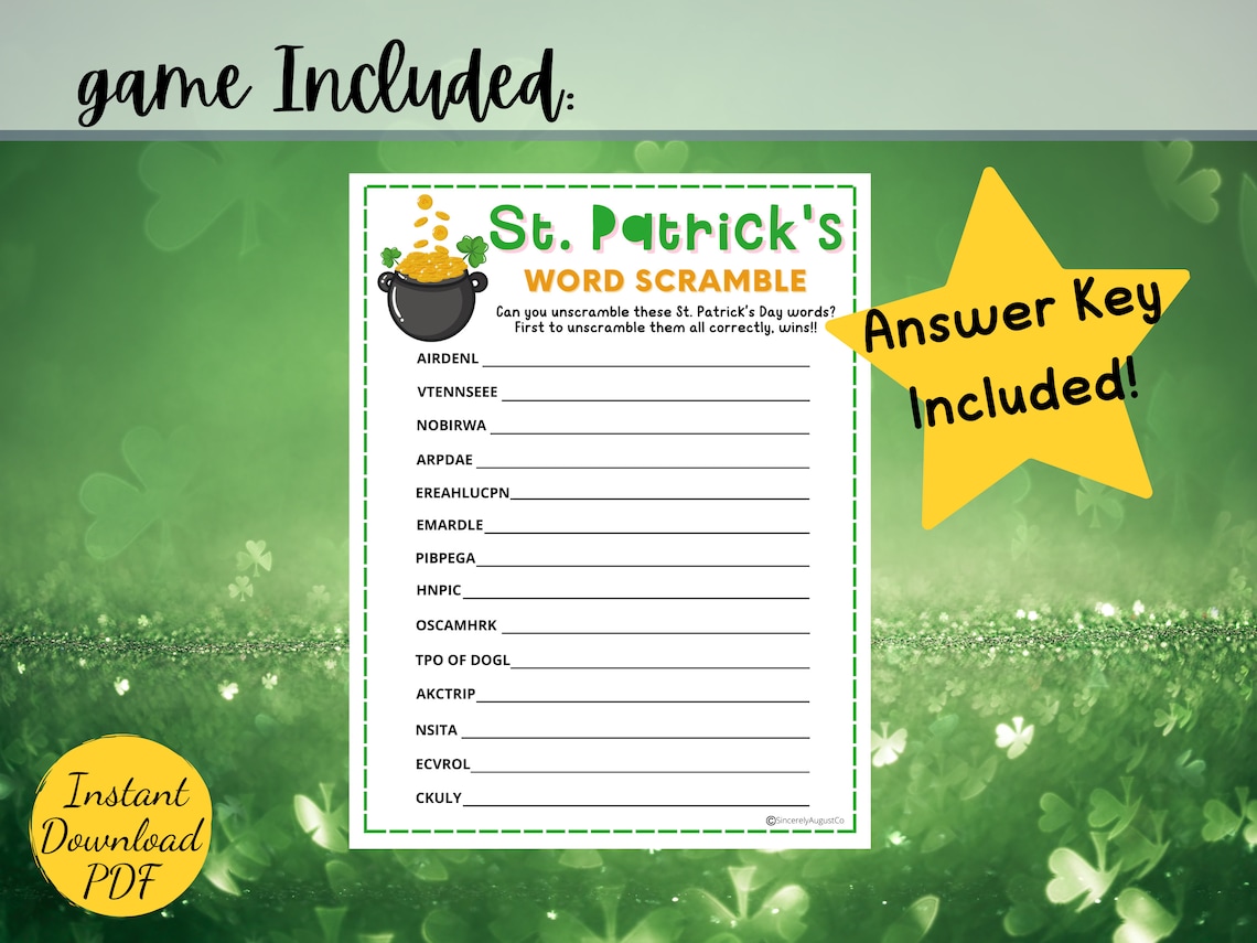 St. Patrick's Day WORD SCRAMBLE St. Patrick's Day Party Game Printable ...