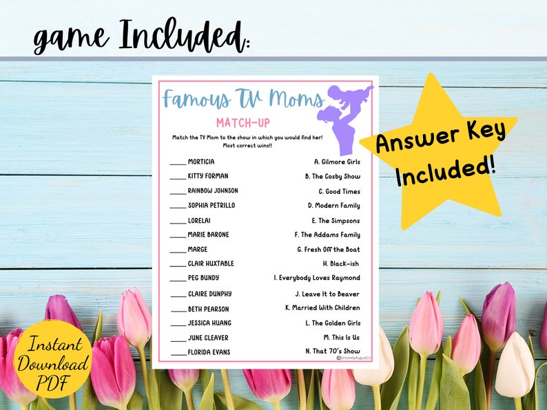 FAMOUS TV MOMS Mothers Day Match Mothers Day Party Game Printable ...
