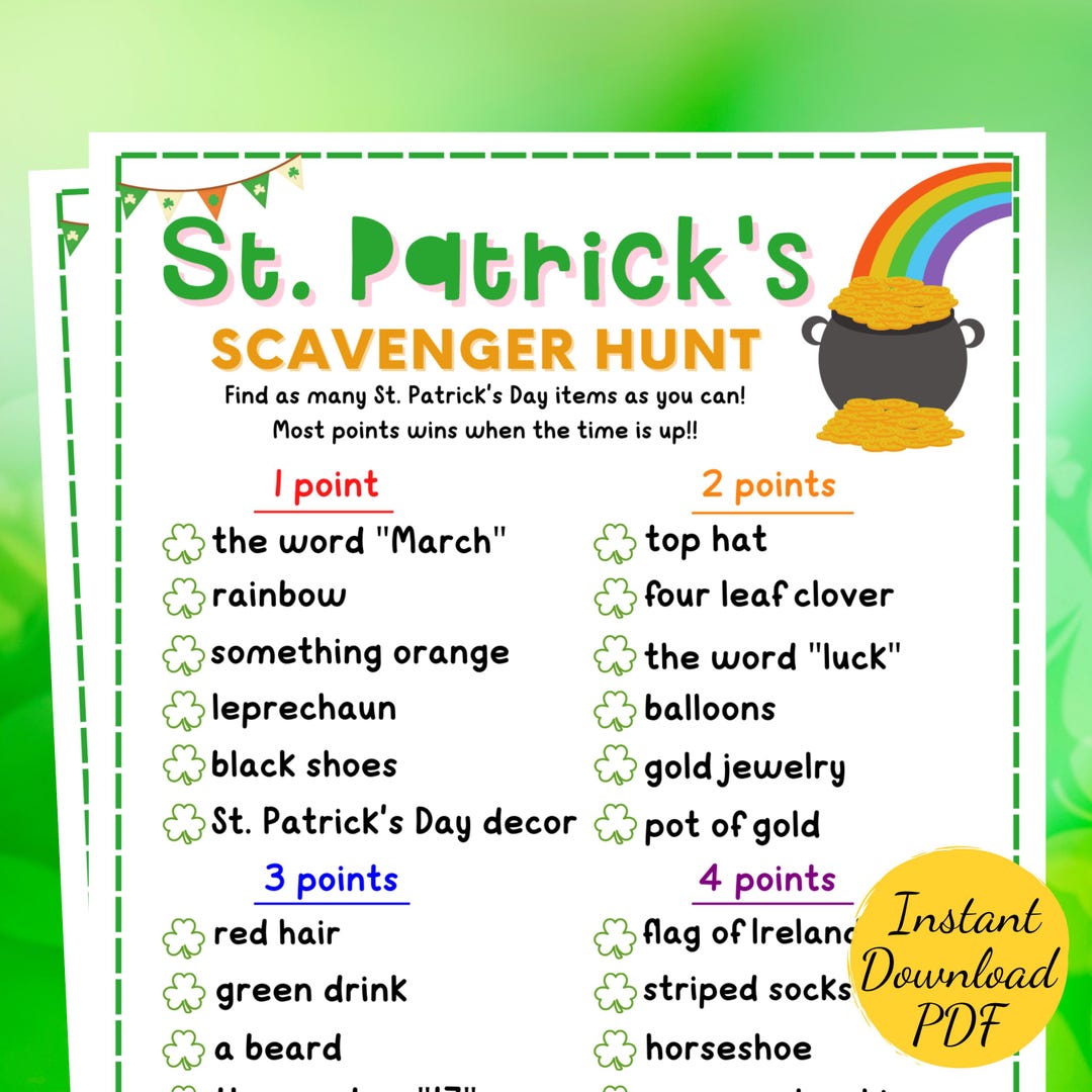 St. Patrick's Day SCAVENGER HUNT - St. Patrick's Day Party Game ...