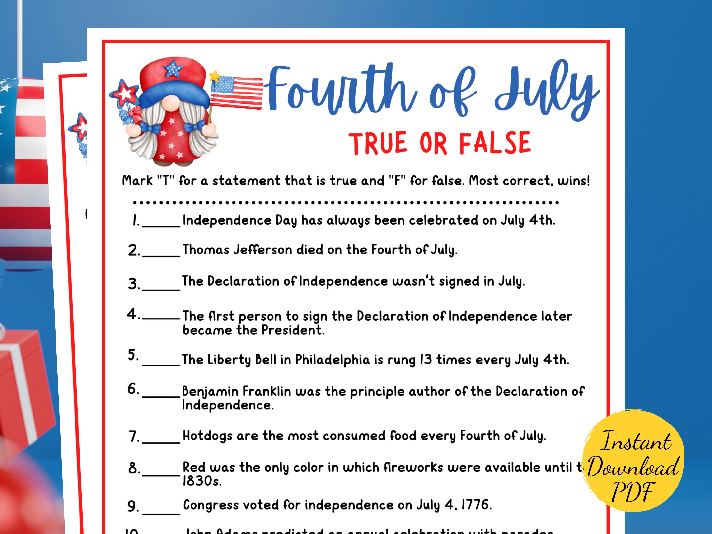 Fourth of July TRUE OR FALSE Game July 4th Party Game - Etsy