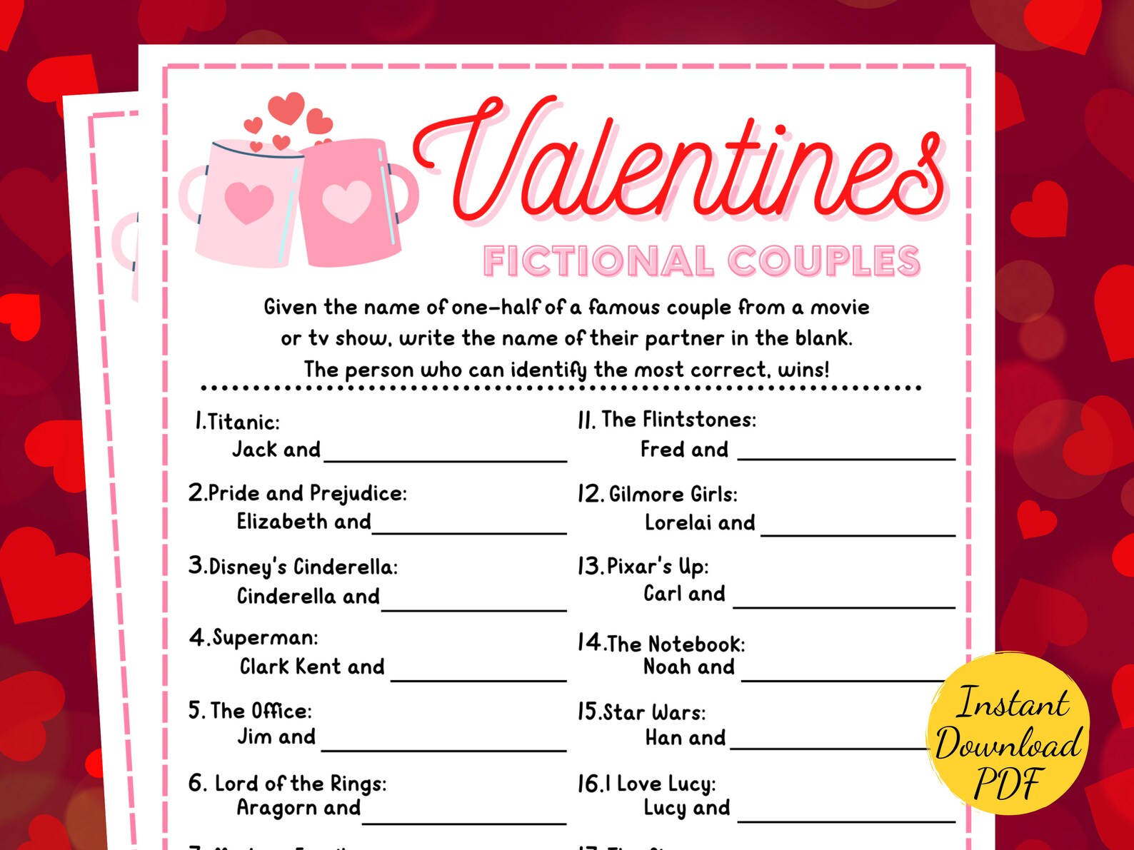 Valentines Day FICTIONAL COUPLES Game Valentines Day Party - Etsy