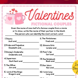 Valentines Day FICTIONAL COUPLES Game Valentines Day Party - Etsy
