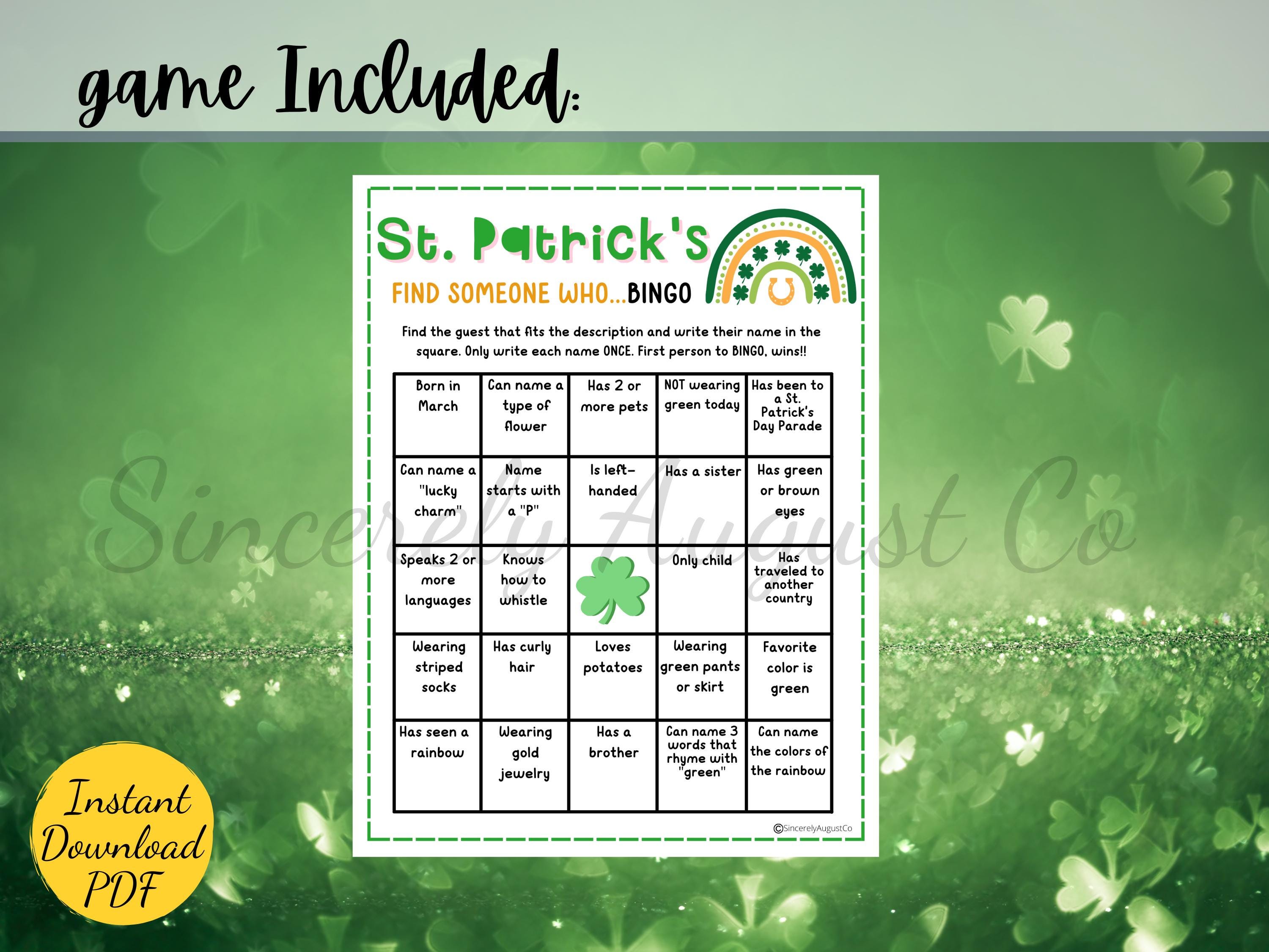 St. Patricks Day FIND SOMEONE BINGO Game - St. Patricks Find the Guest ...