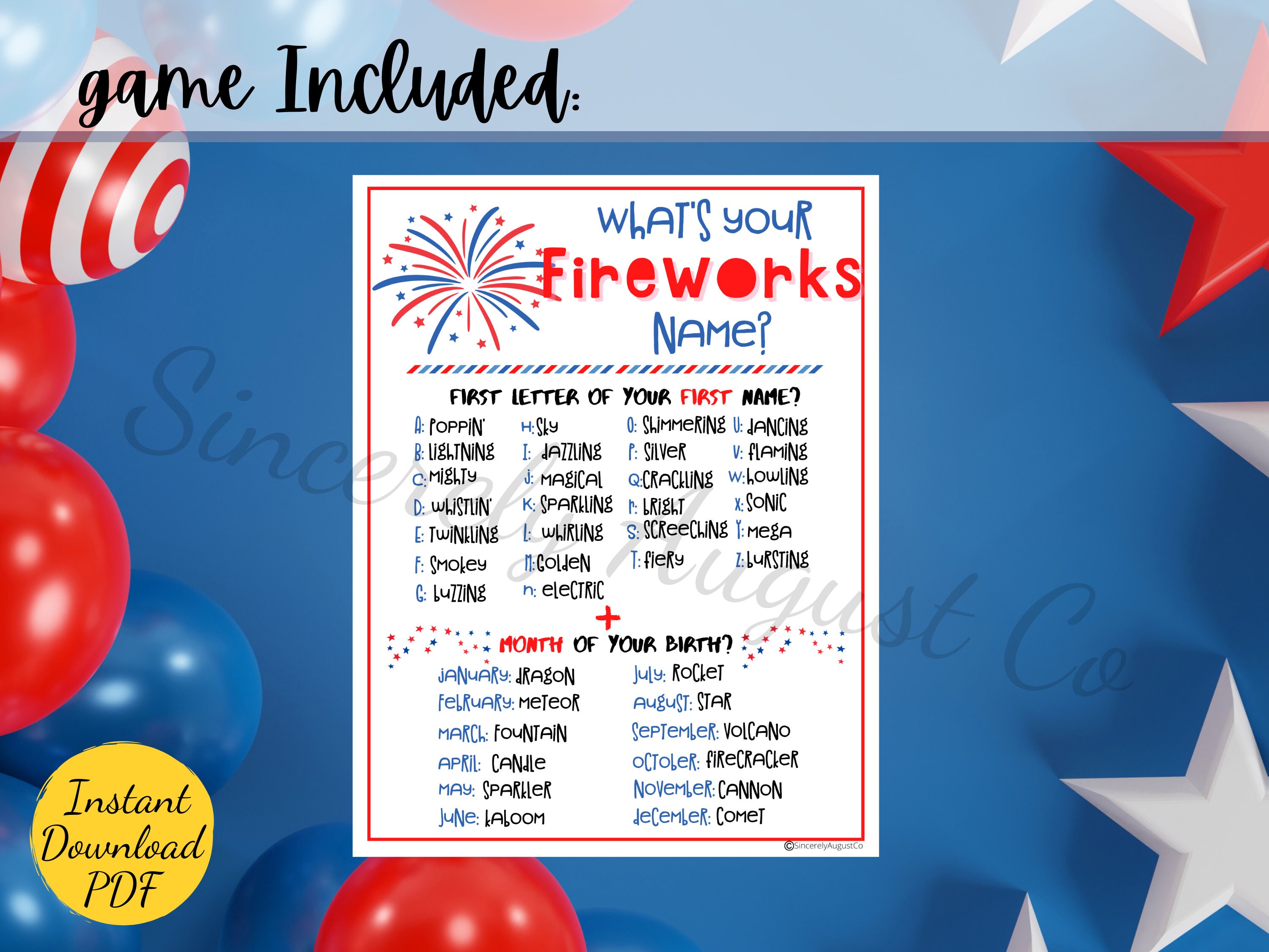 What's Your FIREWORKS NAME July 4th Party Game Printable July 4th Party ...