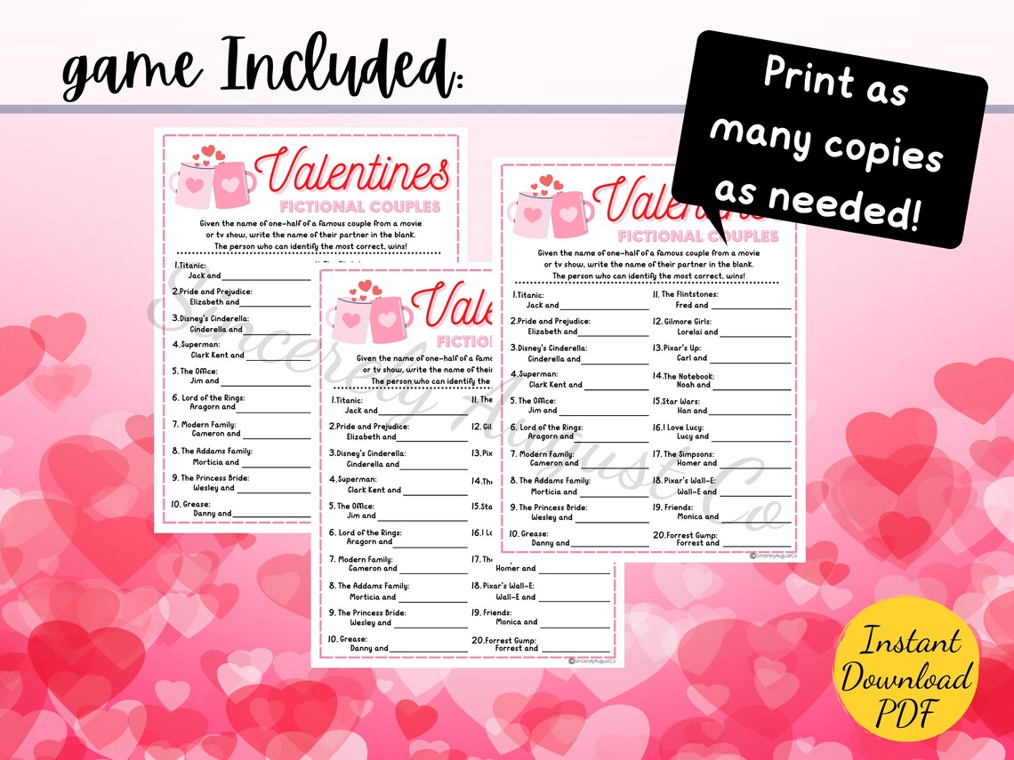 Valentines Day FICTIONAL COUPLES Game - Valentines Day Party Game ...