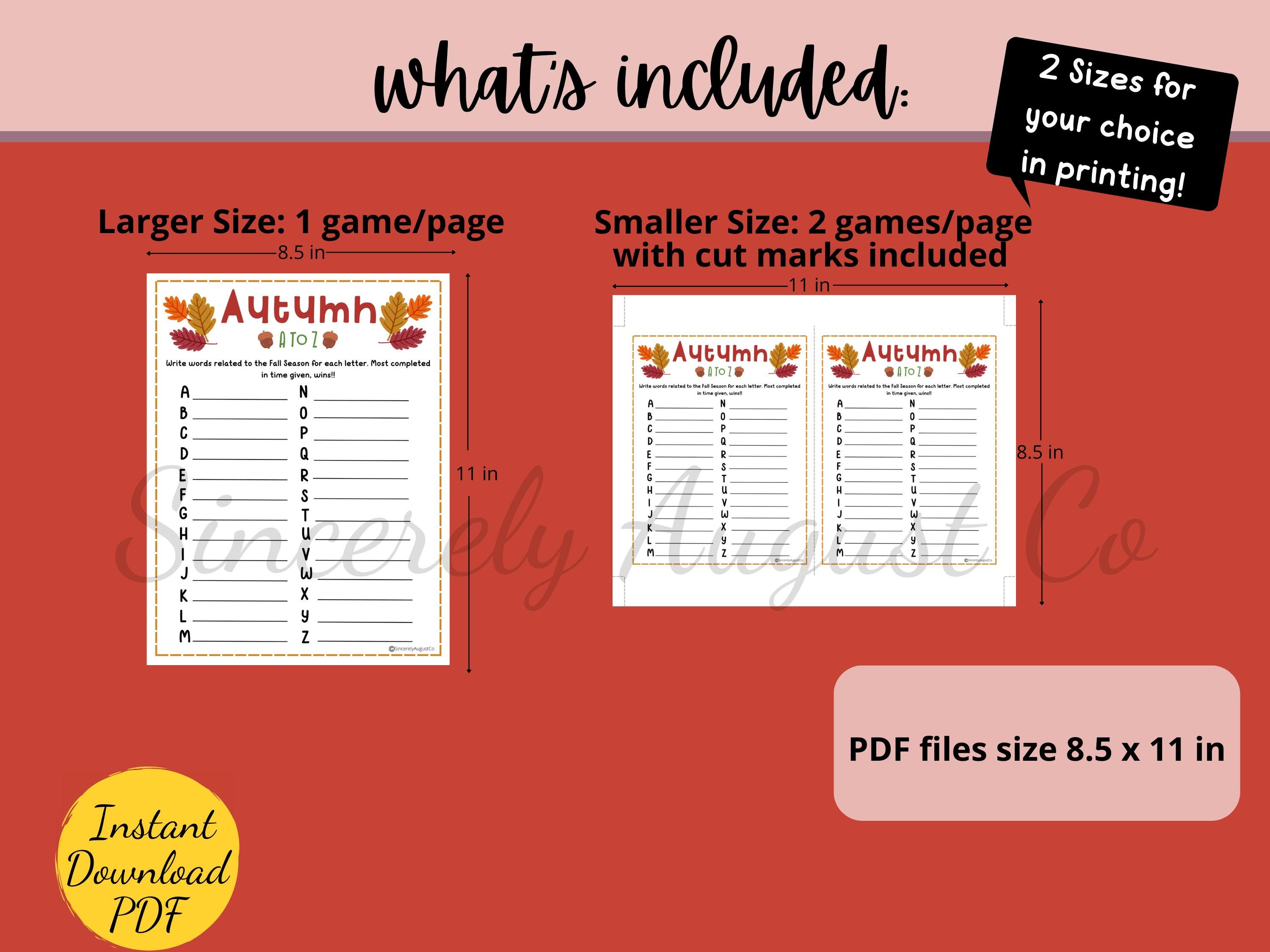 A TO Z Fall Party Game - Printable Autumn Party Game - Fall Word Game ...