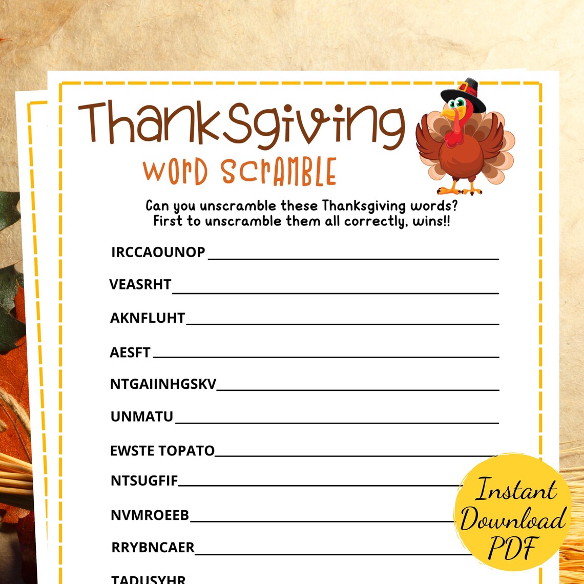 Thanksgiving WORD SCRAMBLE Game: Printable Turkey Day Activity (PDF) - Etsy