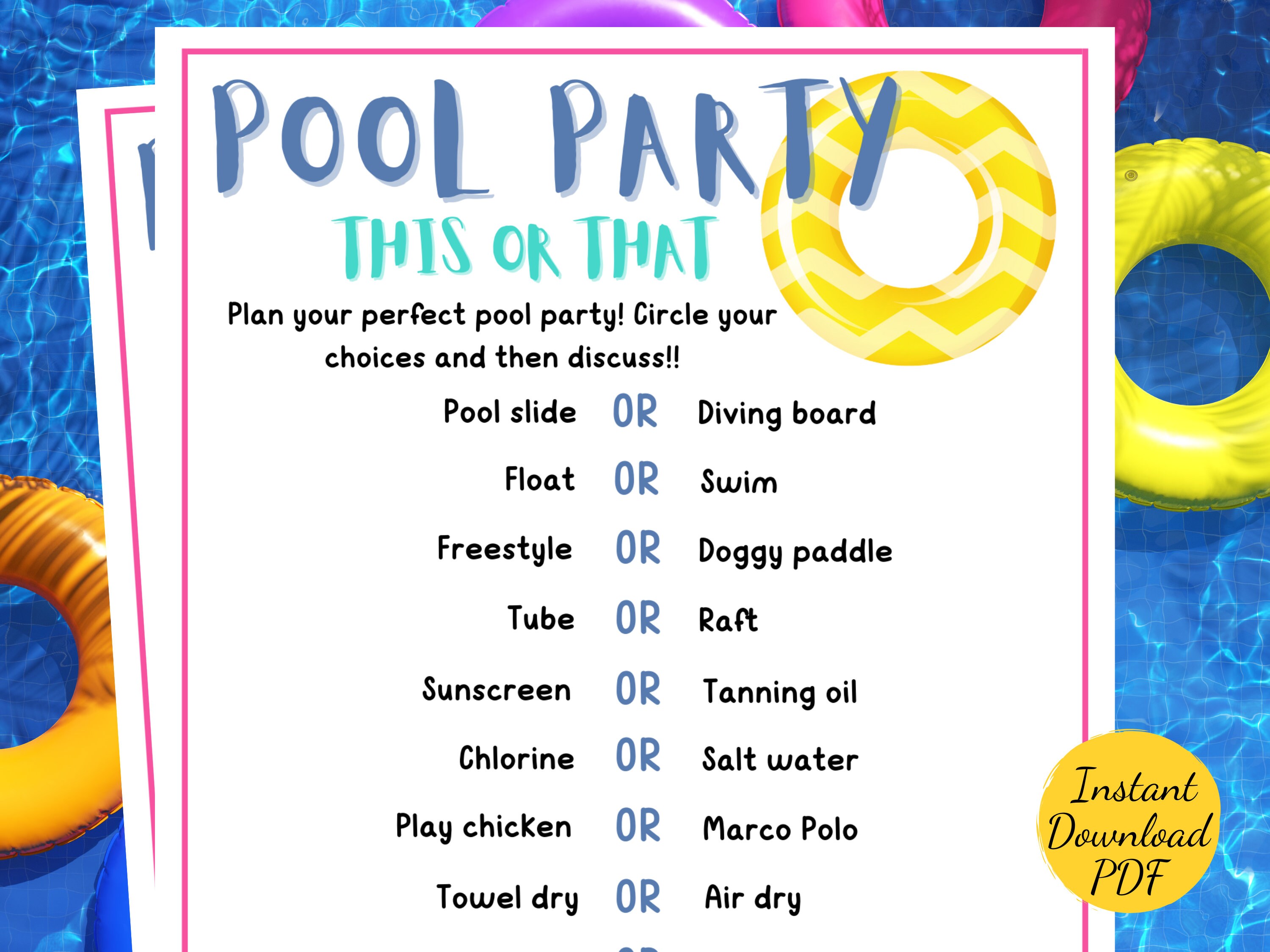 Pool Party THIS OR THAT Game Pool Party Would You Rather Printable Pool ...