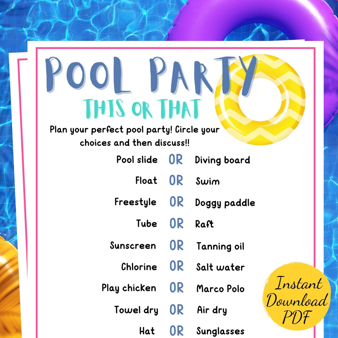 Pool Party THIS OR THAT Game - Pool Party Would You Rather - Printable ...