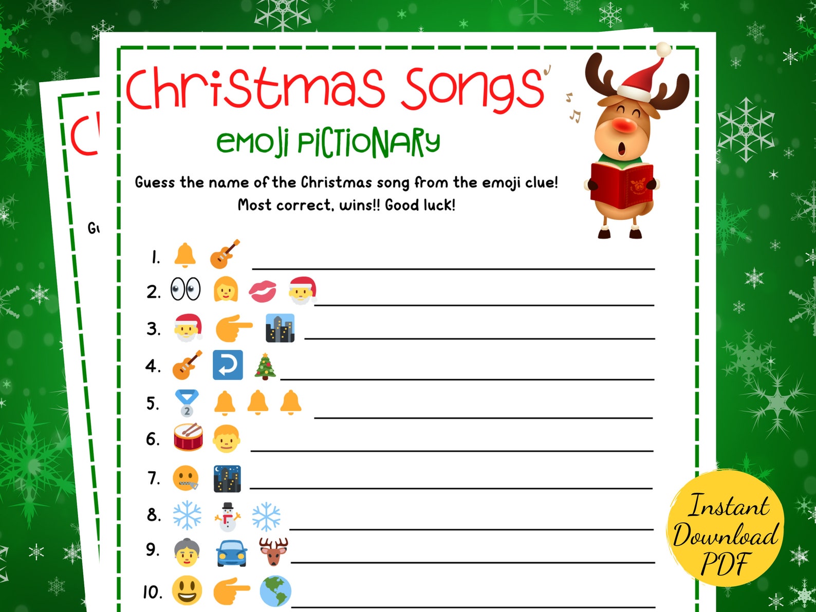 CHRISTMAS SONGS EMOJI Pictionary Printable Christmas Party Game ...