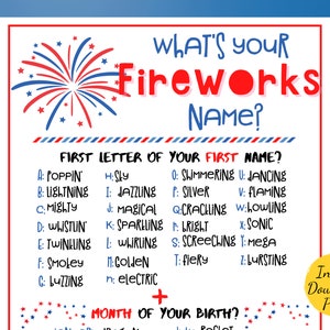 What's Your FIREWORKS NAME July 4th Party Game Printable July 4th Party ...