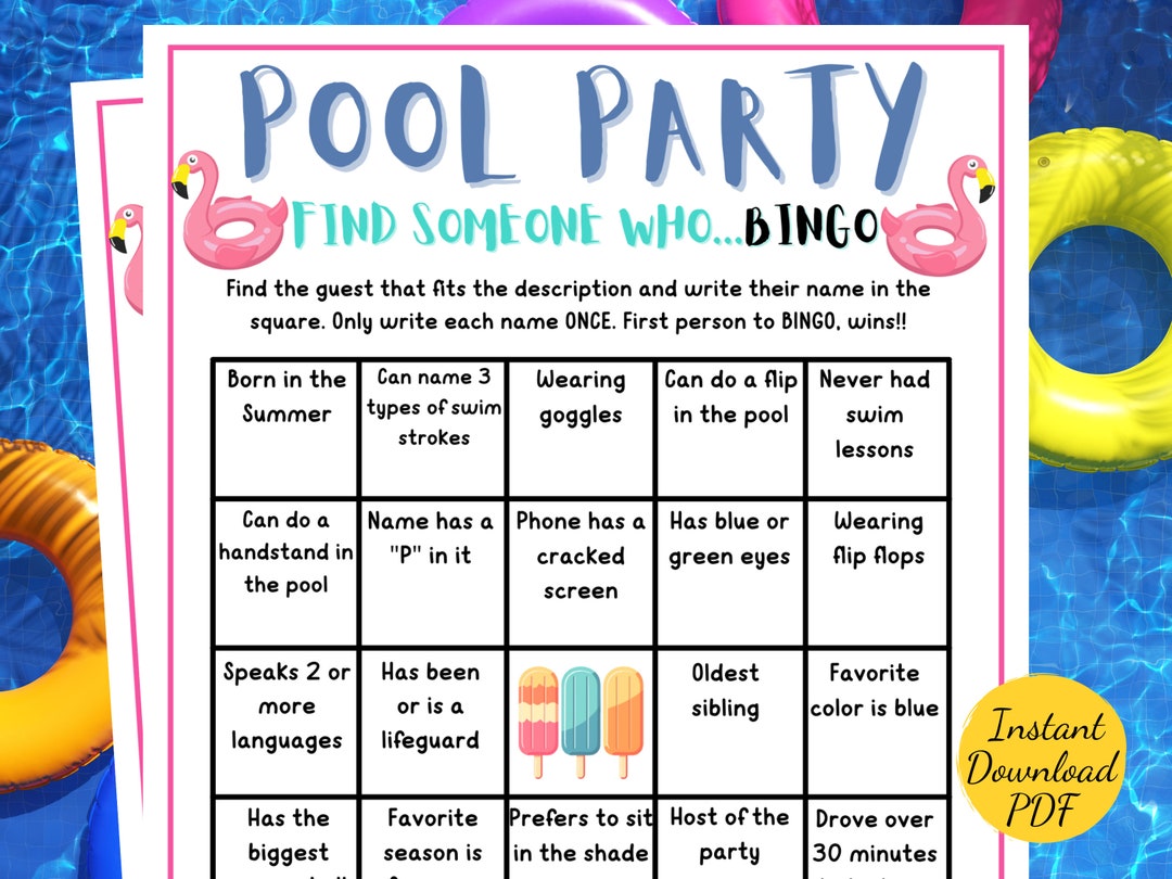 Pool Party BINGO Game Pool Party Find the Guest Bingo Summer Party Game ...
