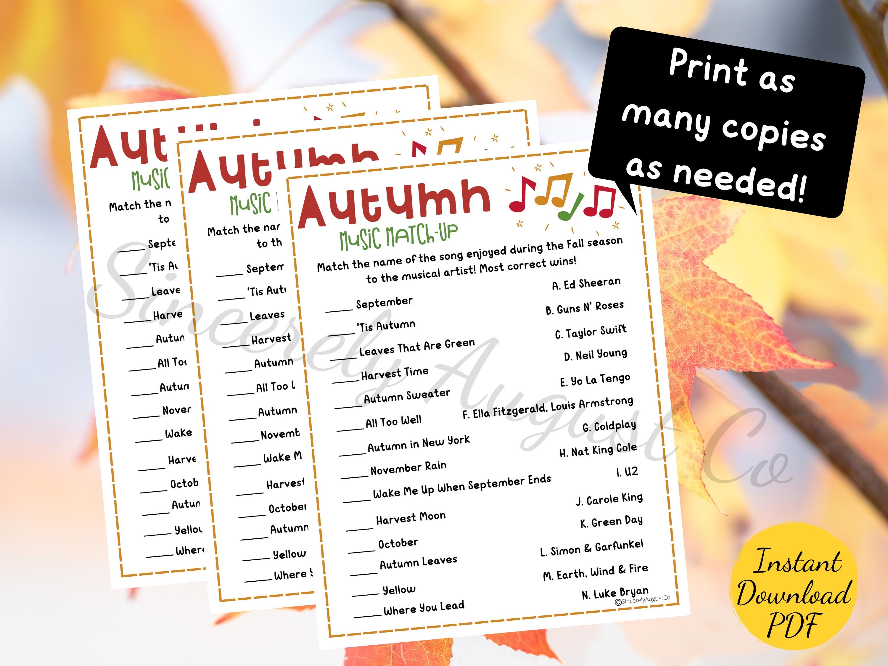 Fall MUSIC MATCH Game - Printable Autumn Party Game - Fall Music ...