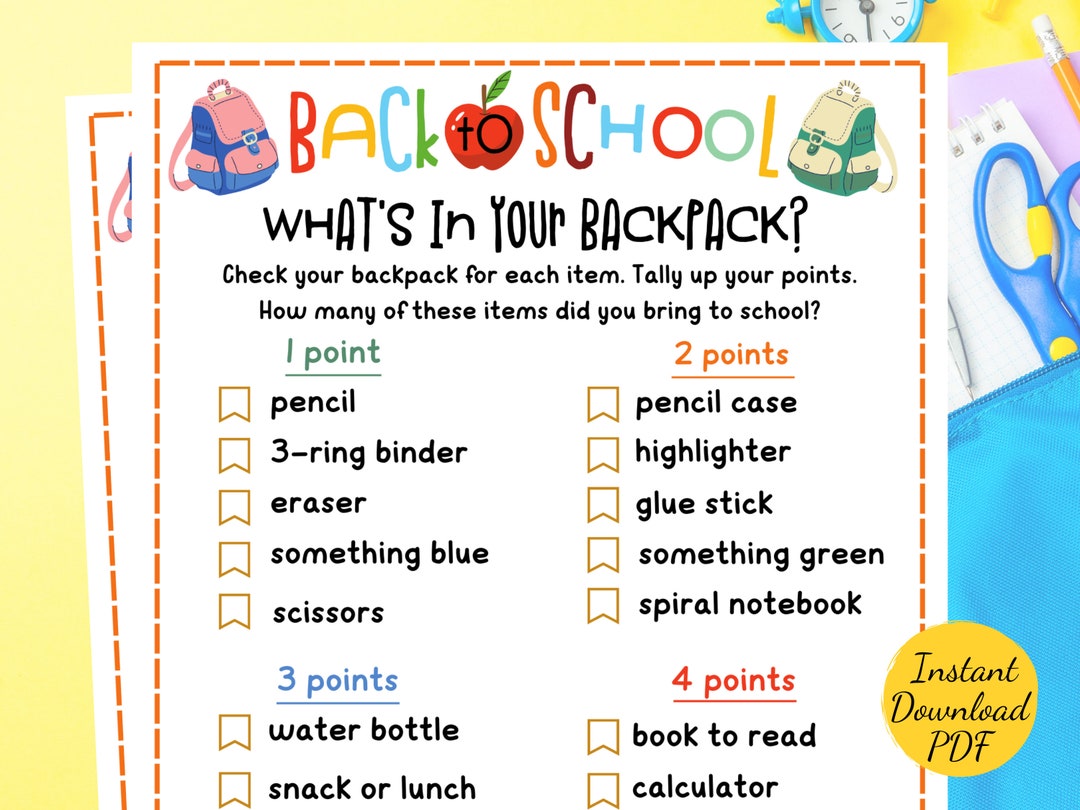 WHAT'S in YOUR BACKPACK Game Back to School Game First - Etsy