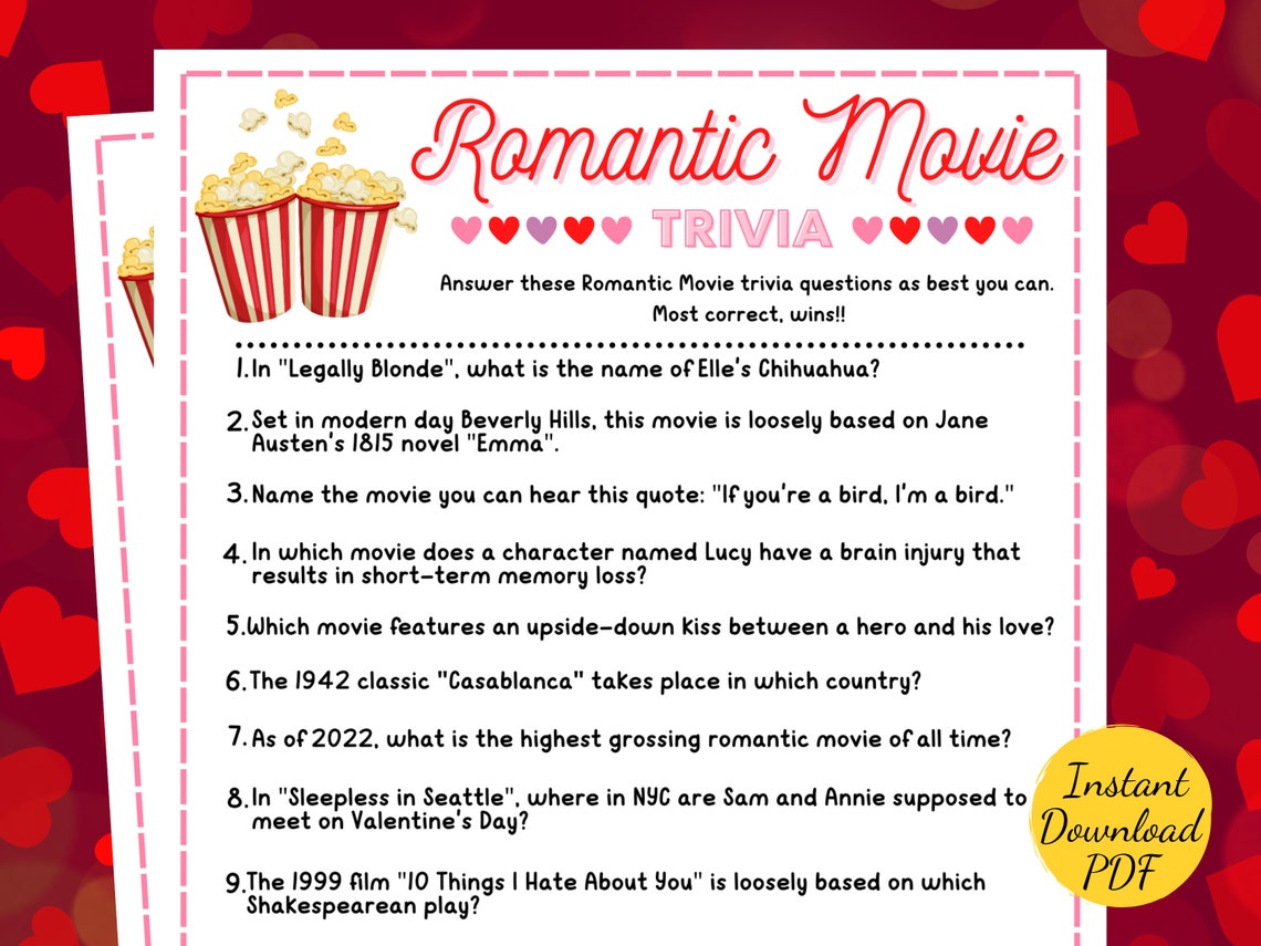Romantic Movie TRIVIA Game Valentines Day Party Game - Etsy