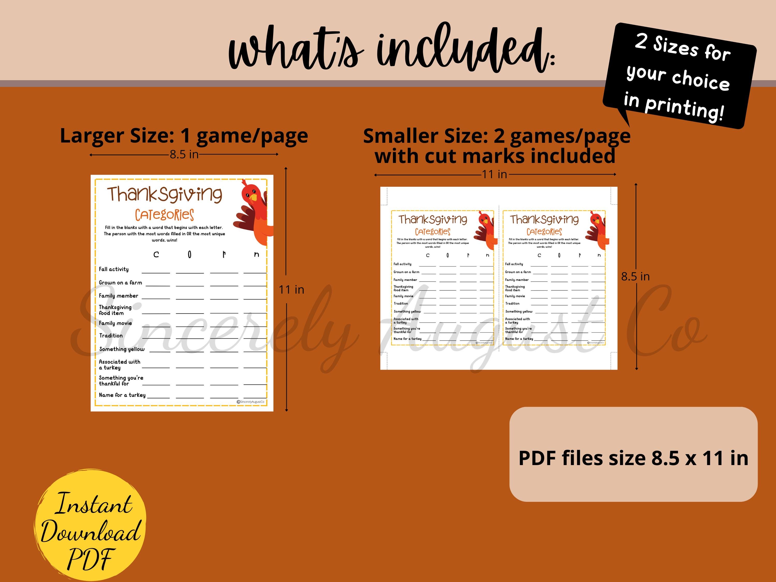 Thanksgiving CATEGORIES - Printable Thanksgiving Party Game ...