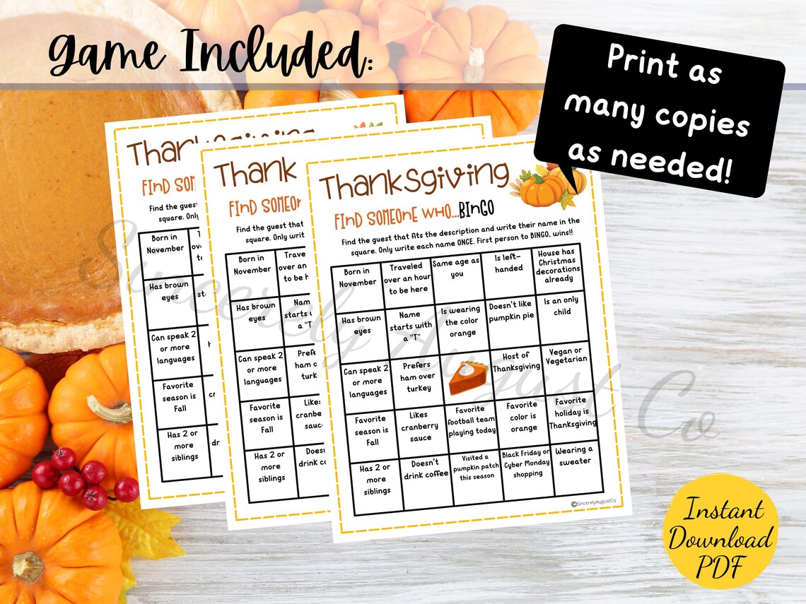 Thanksgiving FIND SOMEONE Who BINGO Game: Printable Party Activity ...