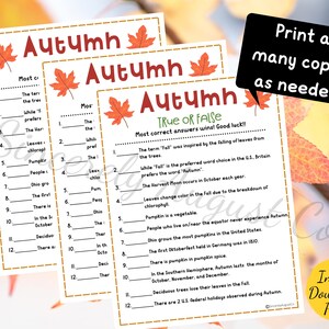TRUE OR FALSE Fall Game Fall Trivia Game Fun Printable Autumn Activity ...