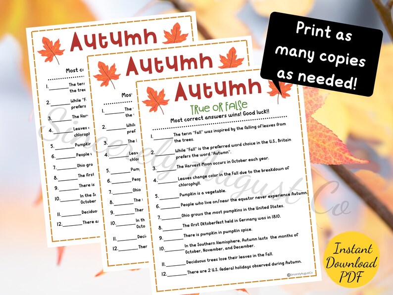 TRUE OR FALSE Fall Game Fall Trivia Game Fun Printable Autumn Activity ...