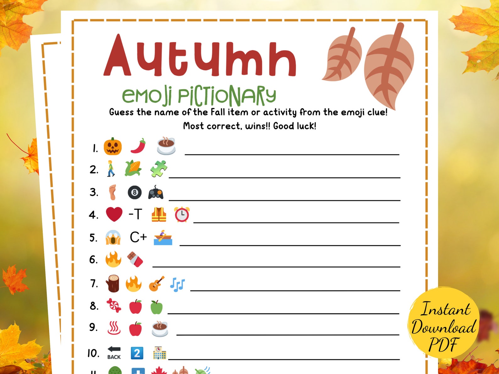 Fall EMOJI PICTIONARY Game Printable Autumn Activity Emoji Pictionary ...