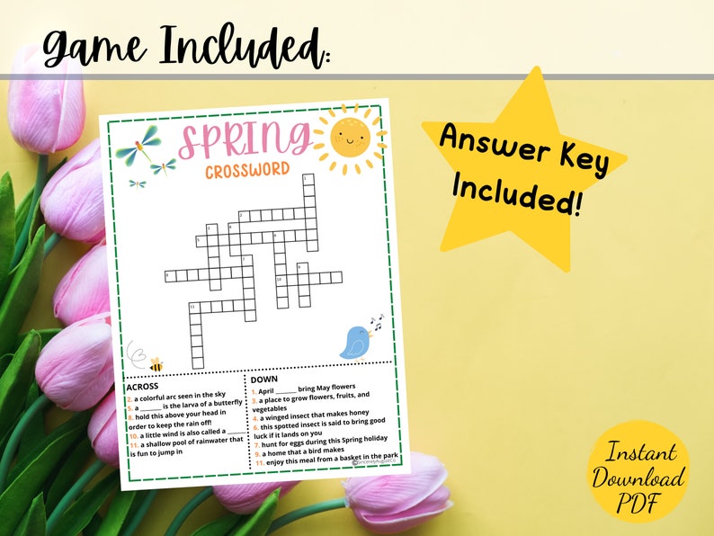Spring WORD SEARCH Spring CROSSWORD Printable Spring Season Party Game ...