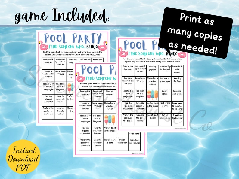 Pool Party BINGO Game - Pool Party Find the Guest Bingo - Summer Party ...