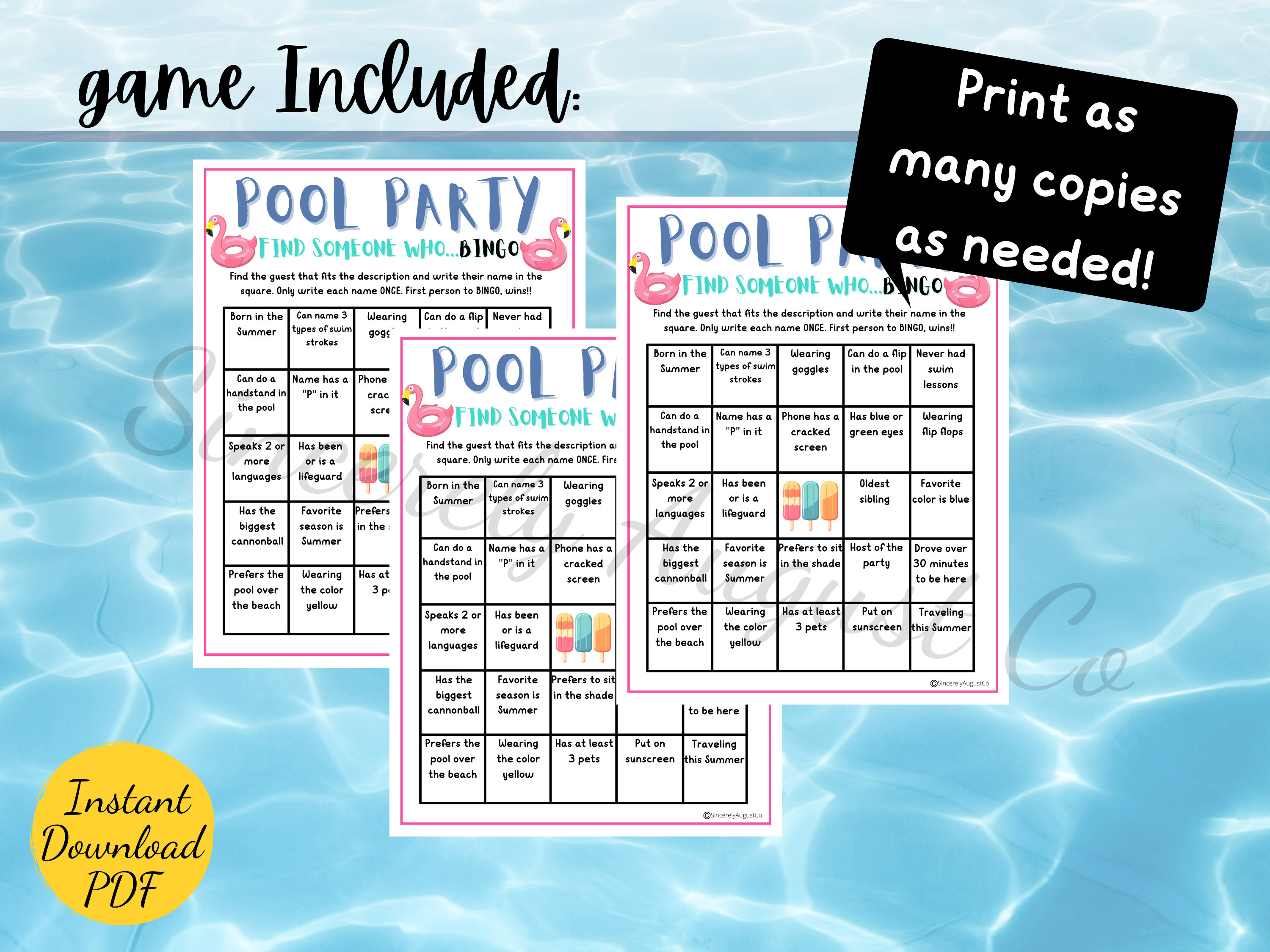 Pool Party BINGO Game - Pool Party Find the Guest Bingo - Summer Party ...