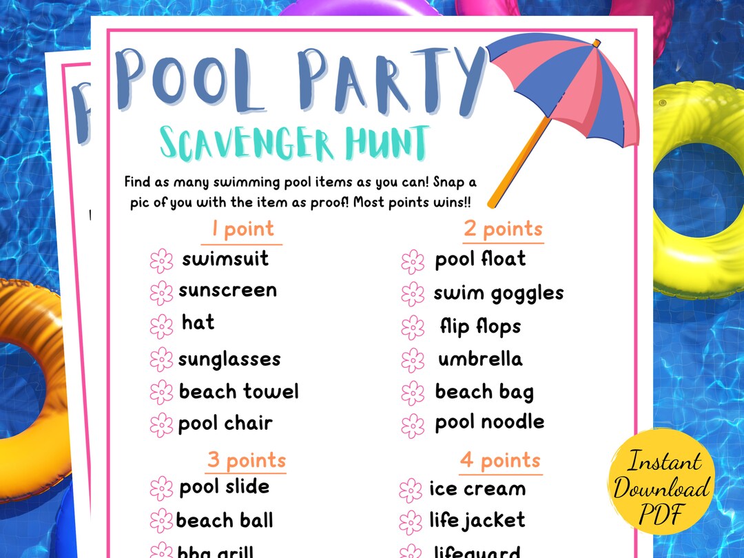 Pool Party SCAVENGER HUNT Game Printable Pool Party Game Scavenger Hunt ...