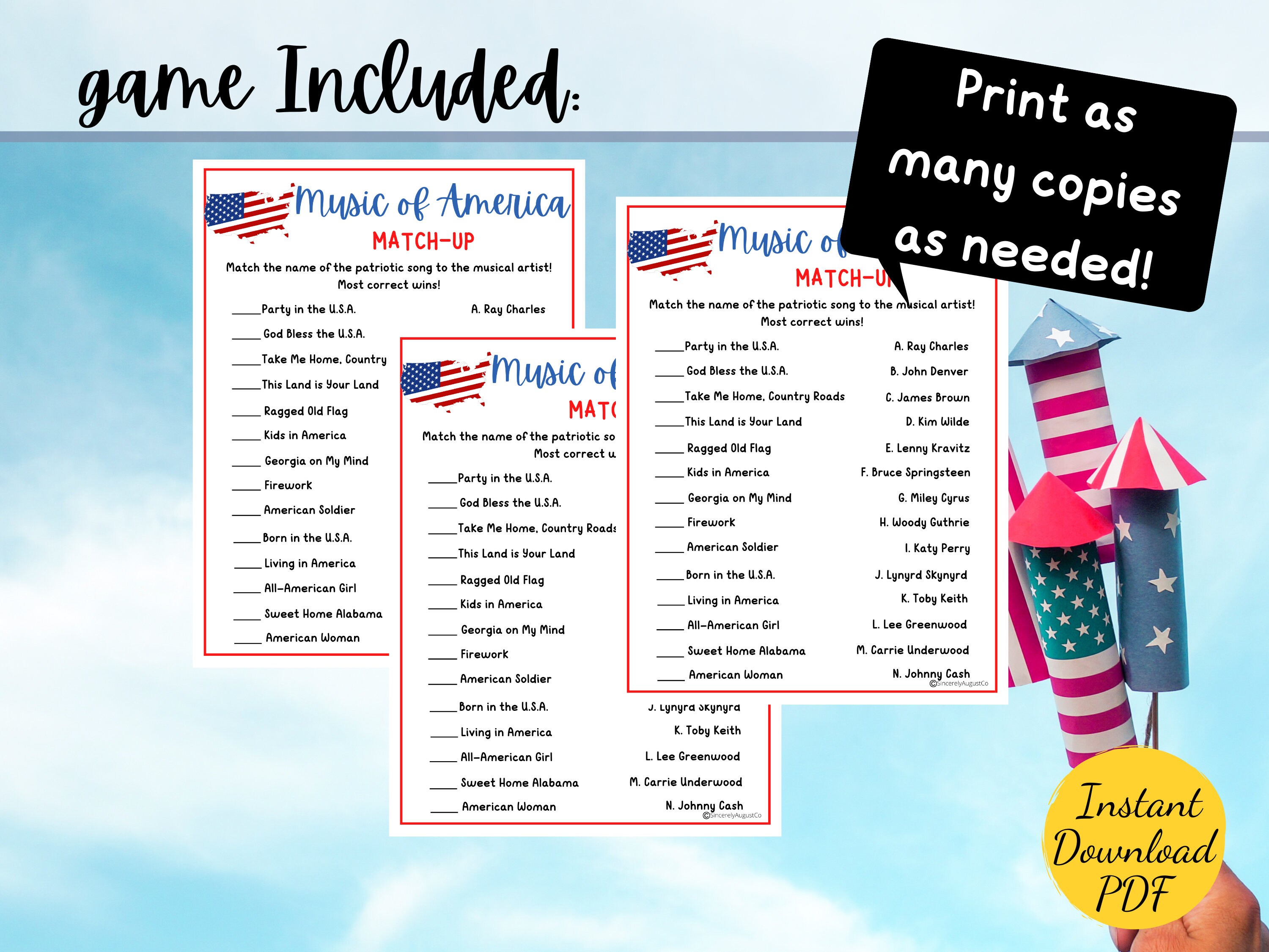 Fourth of July MUSIC OF AMERICA Matching Game July 4th Party Game ...