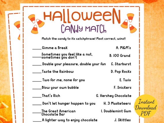 Halloween Candy Match Halloween Party Game Printable - Etsy