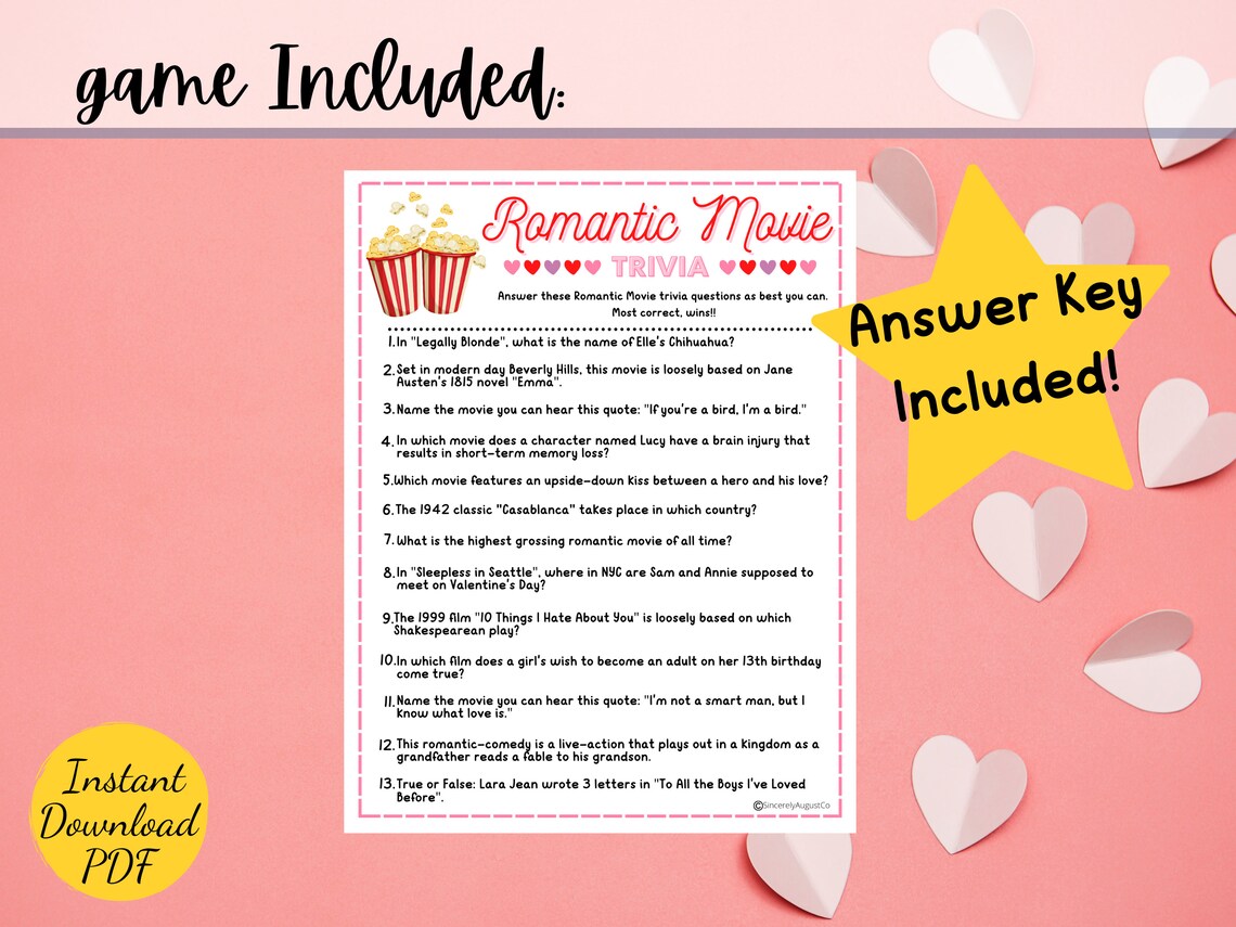Romantic Movie TRIVIA Game Valentines Day Party Game Printable ...