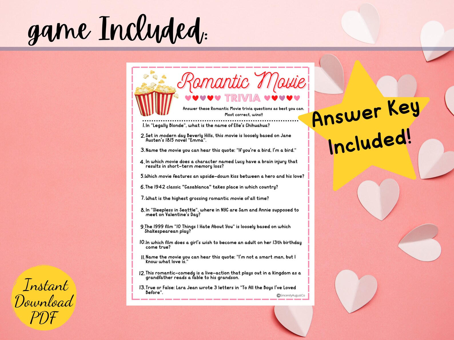 Romantic Movie TRIVIA Game Valentines Day Party Game Printable ...