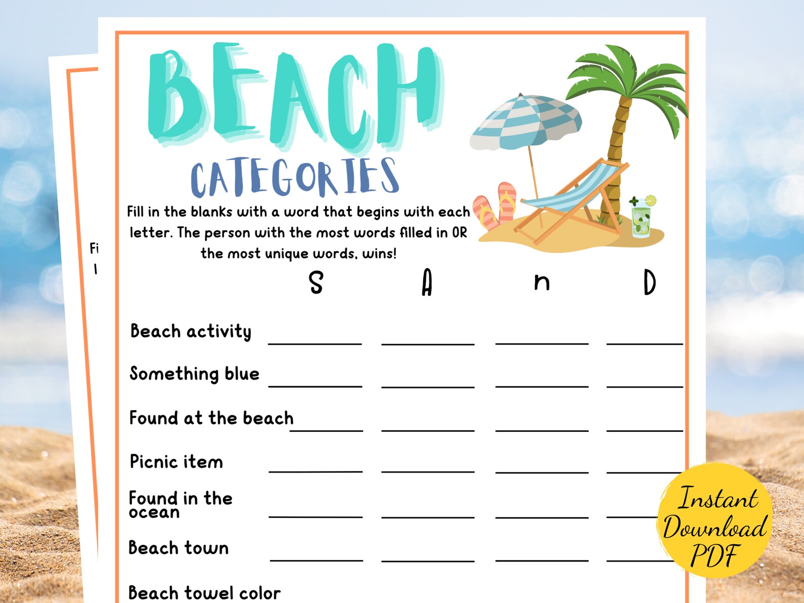 Beach CATEGORIES Game Printable Beach Day Party Game Beach Categories ...