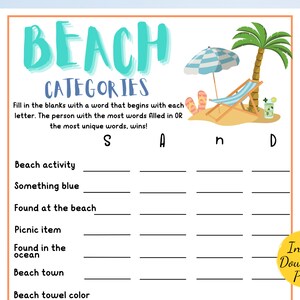 Beach CATEGORIES Game Printable Beach Day Party Game Beach Categories ...