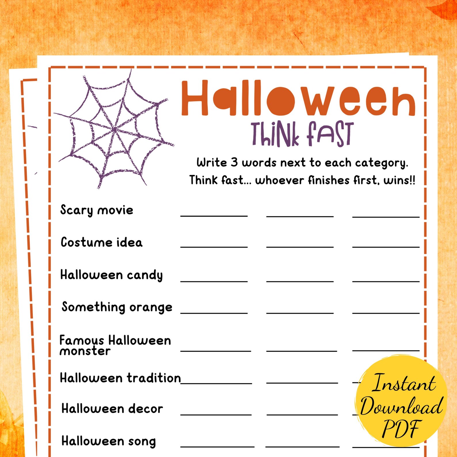 Halloween THINK FAST Game: Printable Party Activity (PDF) - Etsy