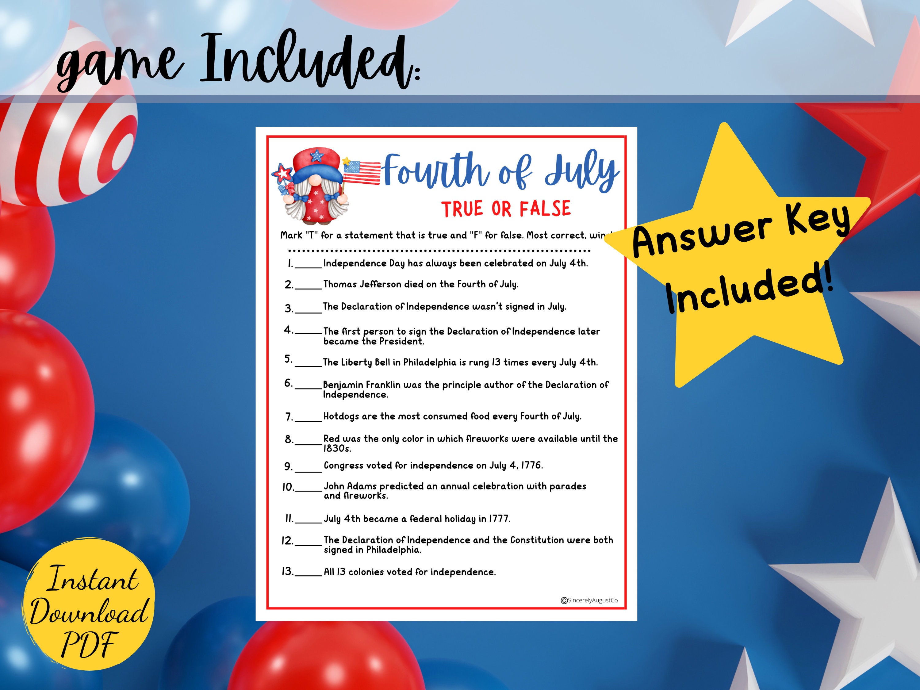 Fourth of July TRUE OR FALSE Game July 4th Party Game - Etsy