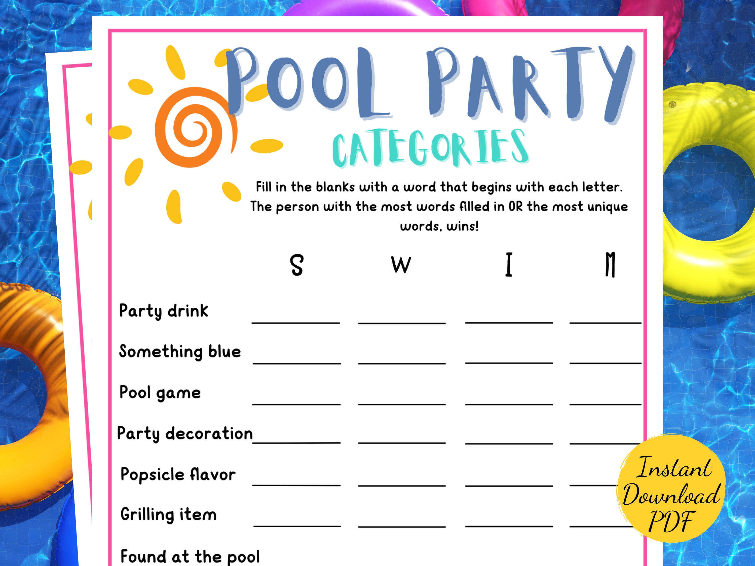 Pool Party CATEGORIES Game Printable Pool Party Game Pool Party ...