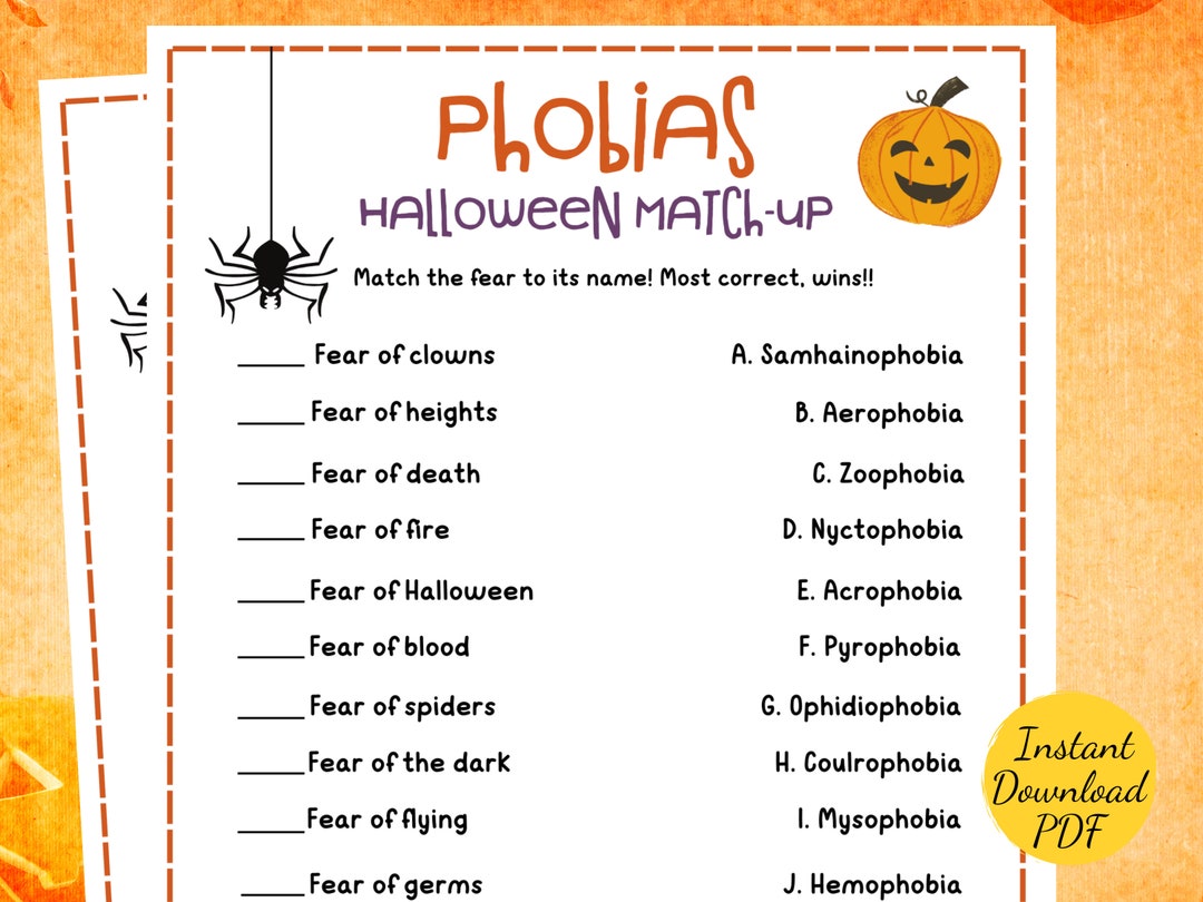 Halloween PHOBIAS MATCH Game Halloween Party Game Printable Halloween ...