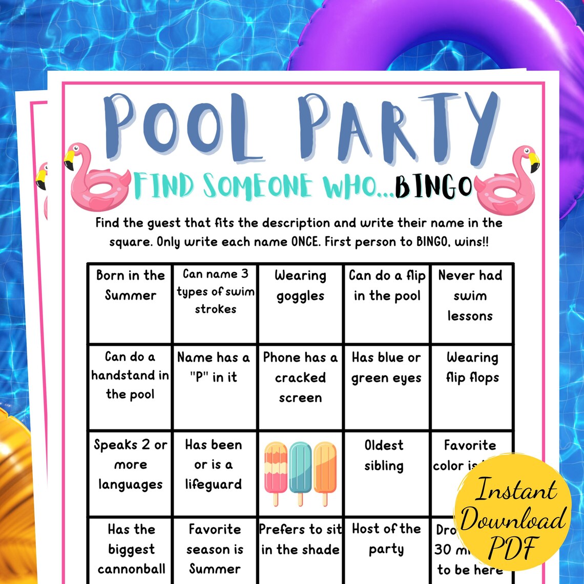 Pool Party BINGO Game - Pool Party Find the Guest Bingo - Summer Party ...