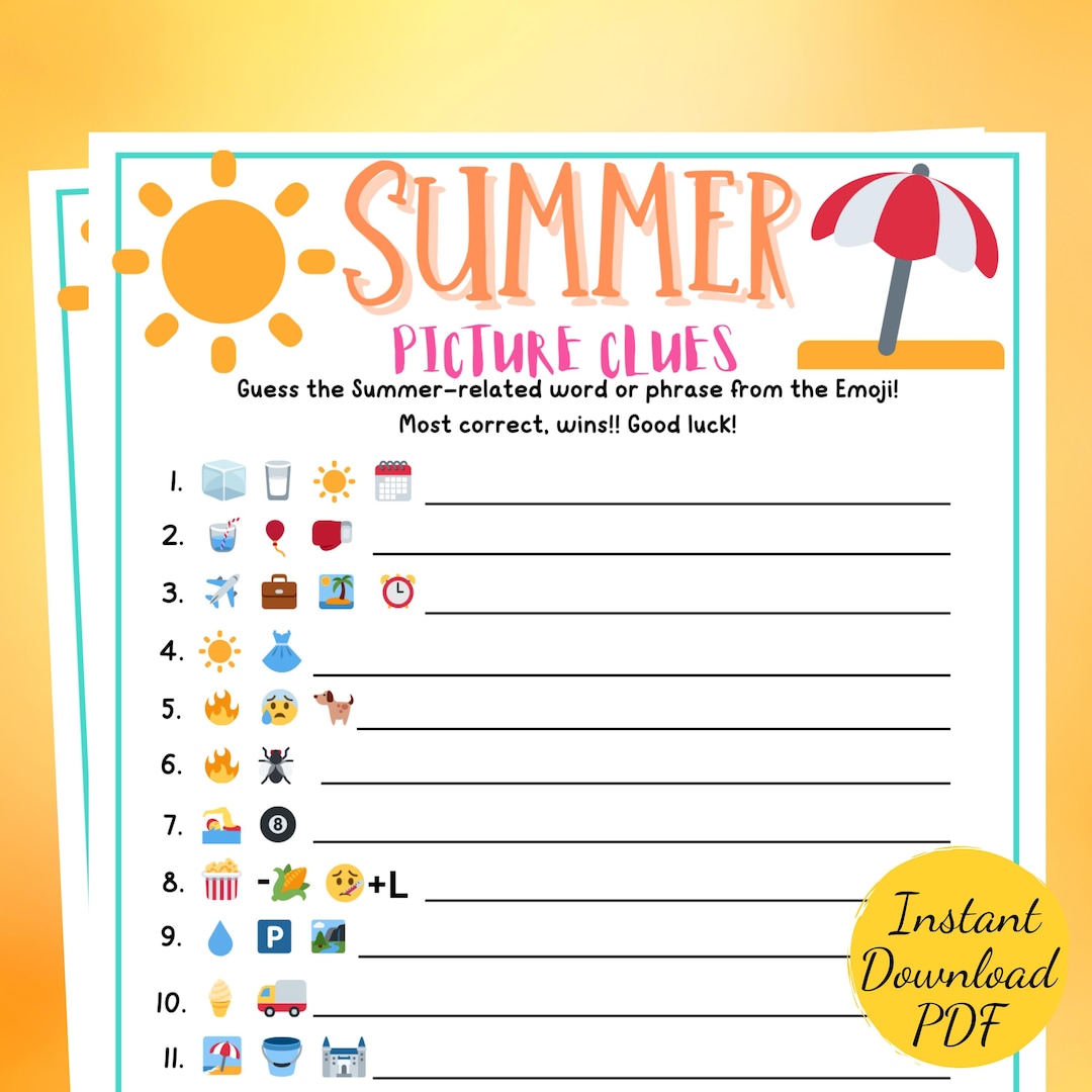 Summer PICTURE CLUES Guessing Game - Printable Summer Season Party Game ...