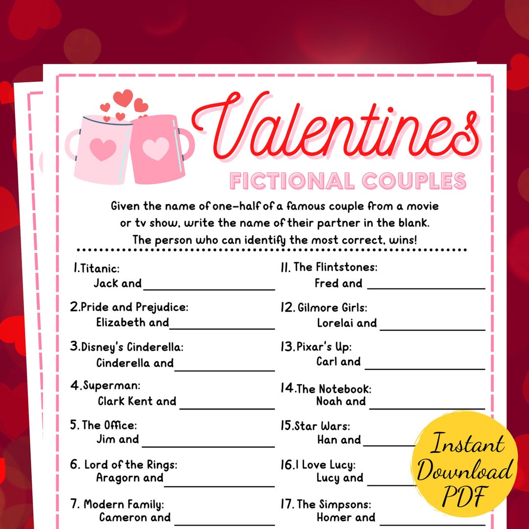Valentines Day FICTIONAL COUPLES Game - Valentines Day Party Game ...