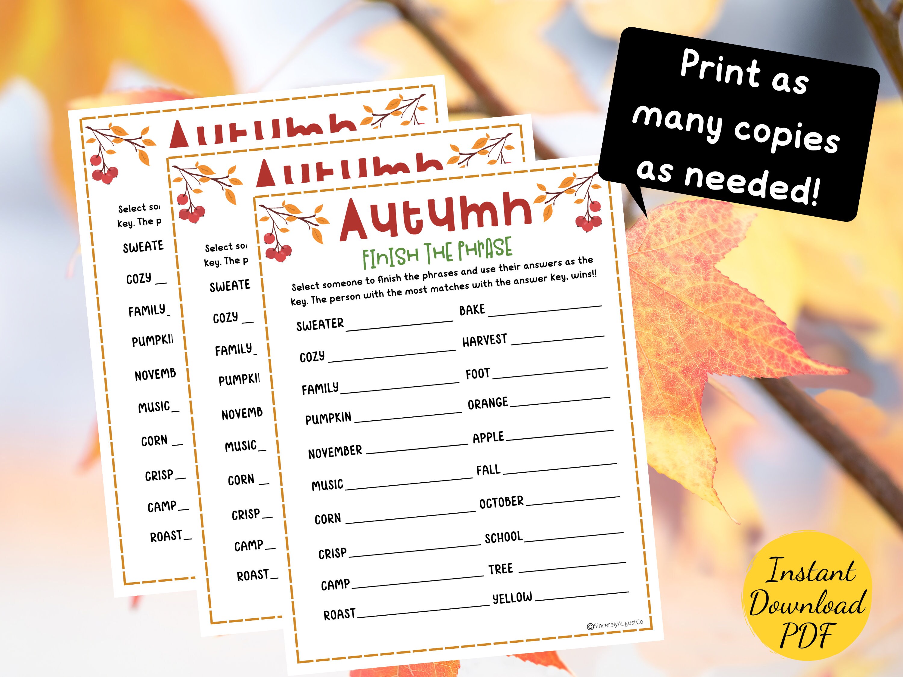 FINISH THE PHRASE Fall Game Printable Autumn Party Game - Etsy