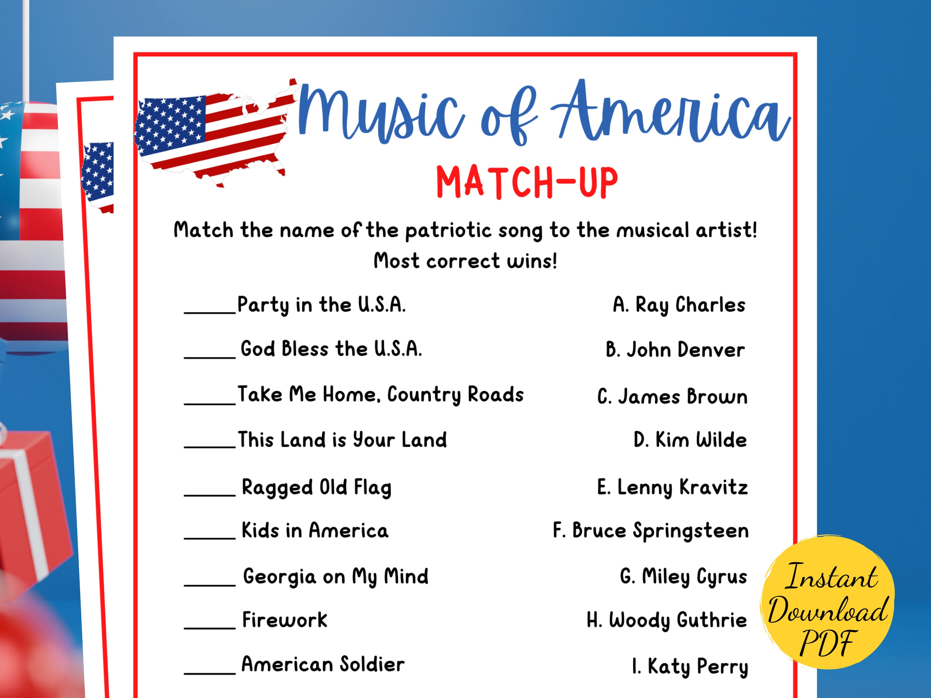 Fourth of July MUSIC OF AMERICA Matching Game July 4th Party Game ...
