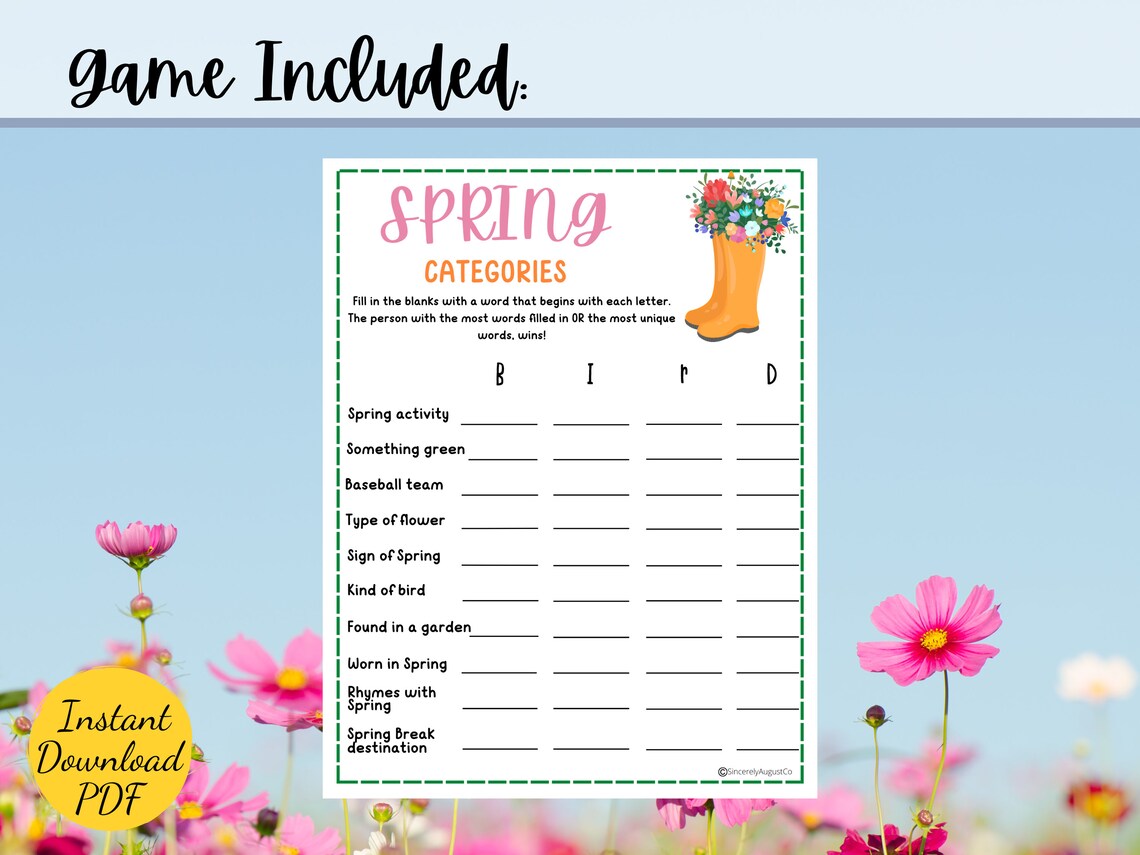 Spring CATEGORIES Game Printable Spring Season Party Game Categories ...