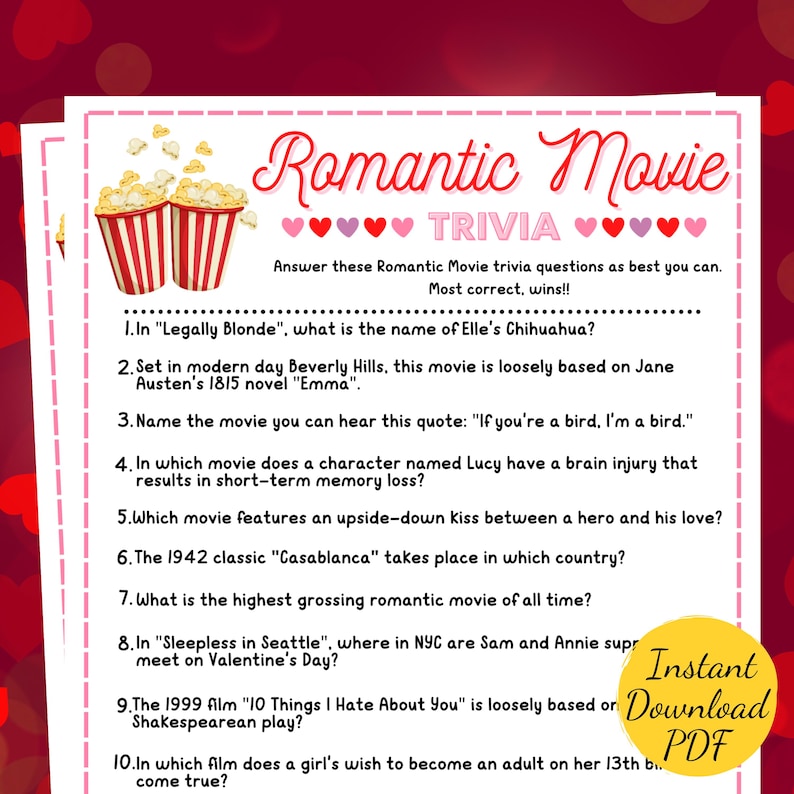 ROMANTIC MOVIE TRIVIA Game - Valentines Day Party Game - Printable ...