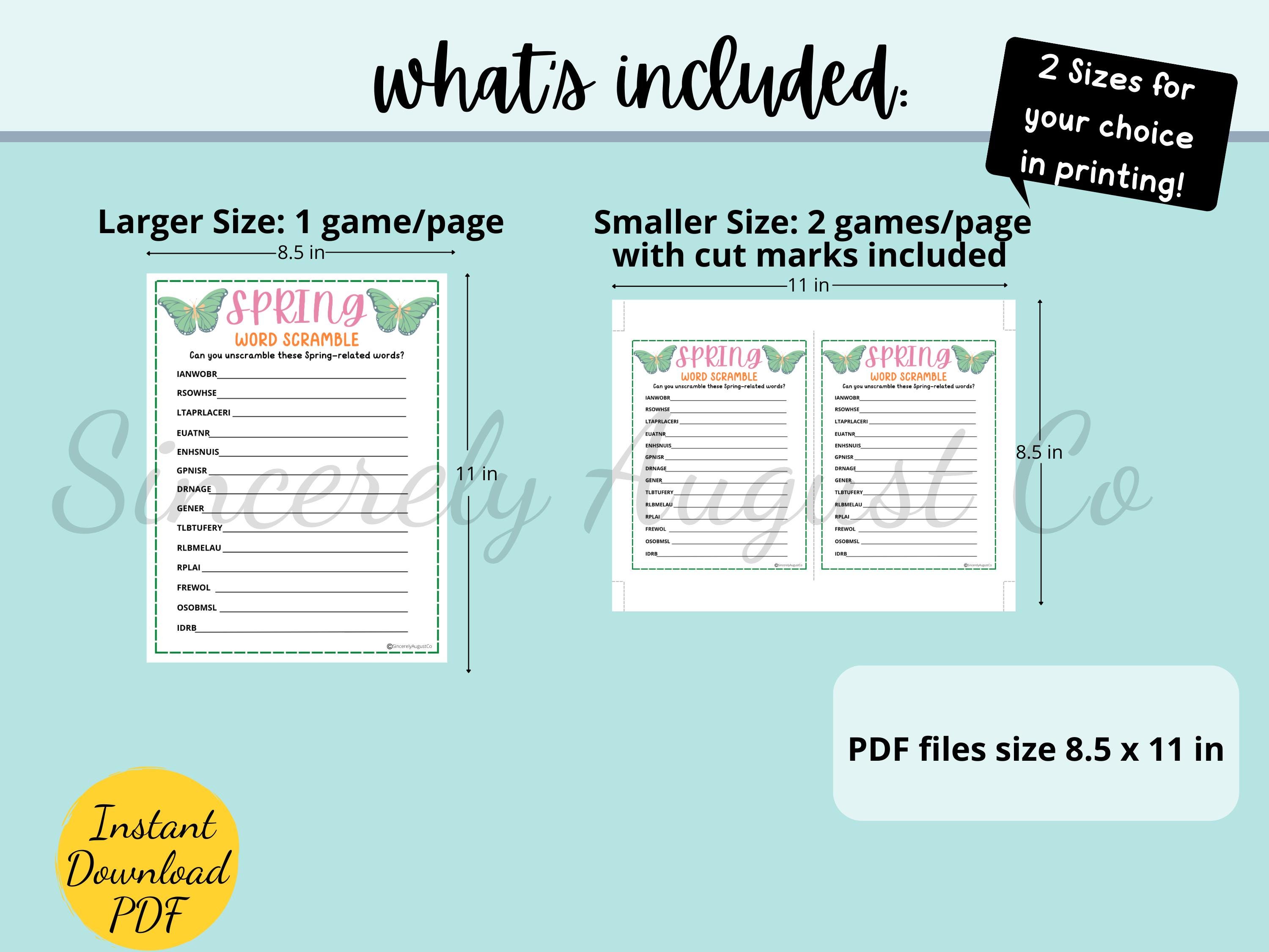 Spring WORD SCRAMBLE Game: Printable Activity (PDF Download) - Etsy