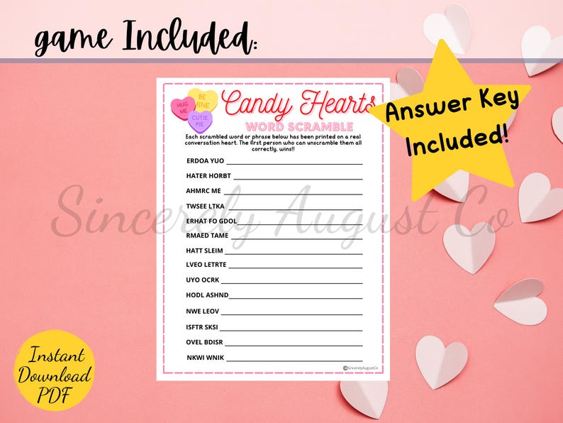 Candy Hearts WORD SCRAMBLE: Valentine's Day Party Game (printable PDF ...